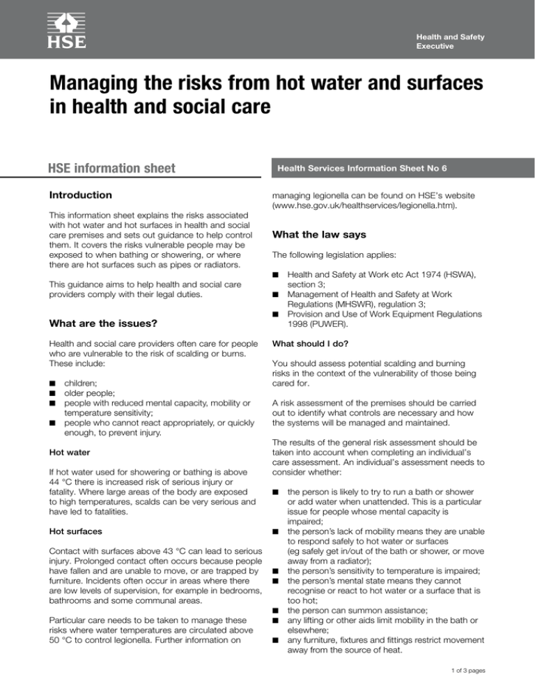Managing the risk from hot water and surfaces in health and