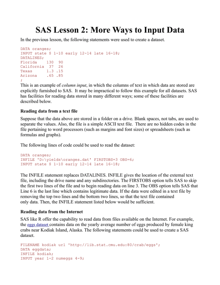 SAS Lesson 2: More Ways to Input Data