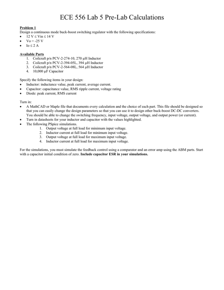 ECE 556 Lab 5 Pre-Lab Calculations