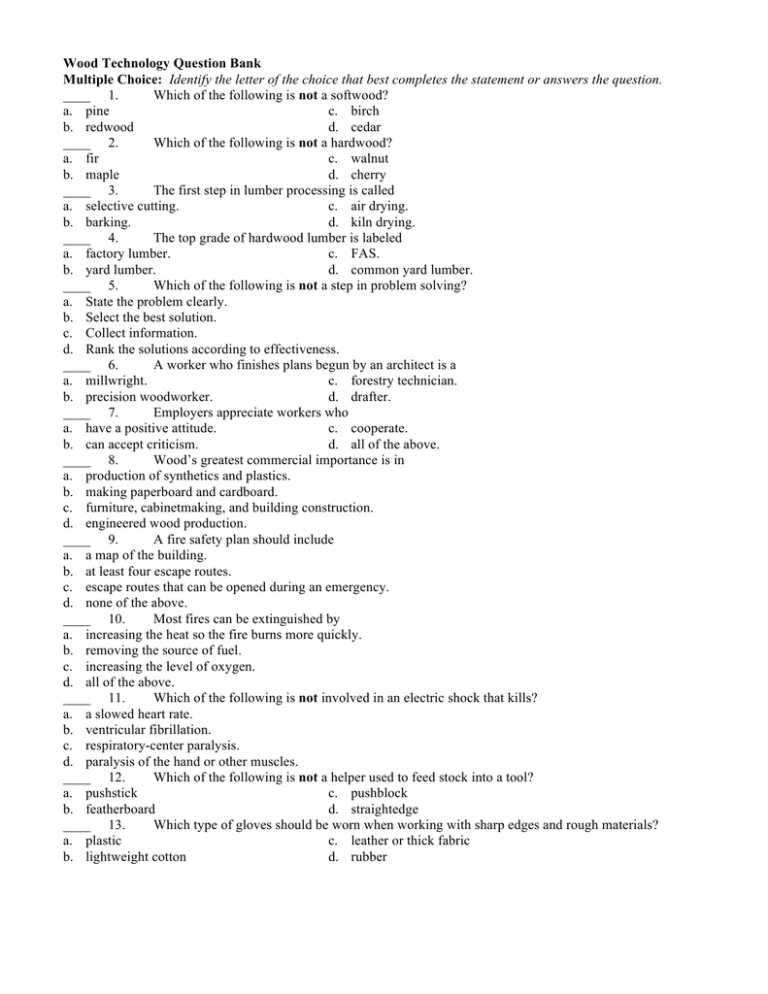 Wood Technology Question Bank - Multiple Choice Questions