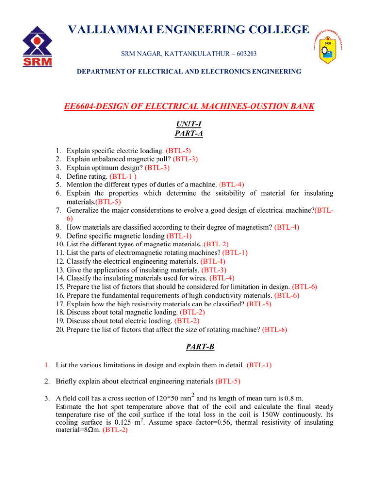 Electrical Machines Design: Question Bank - Unit I