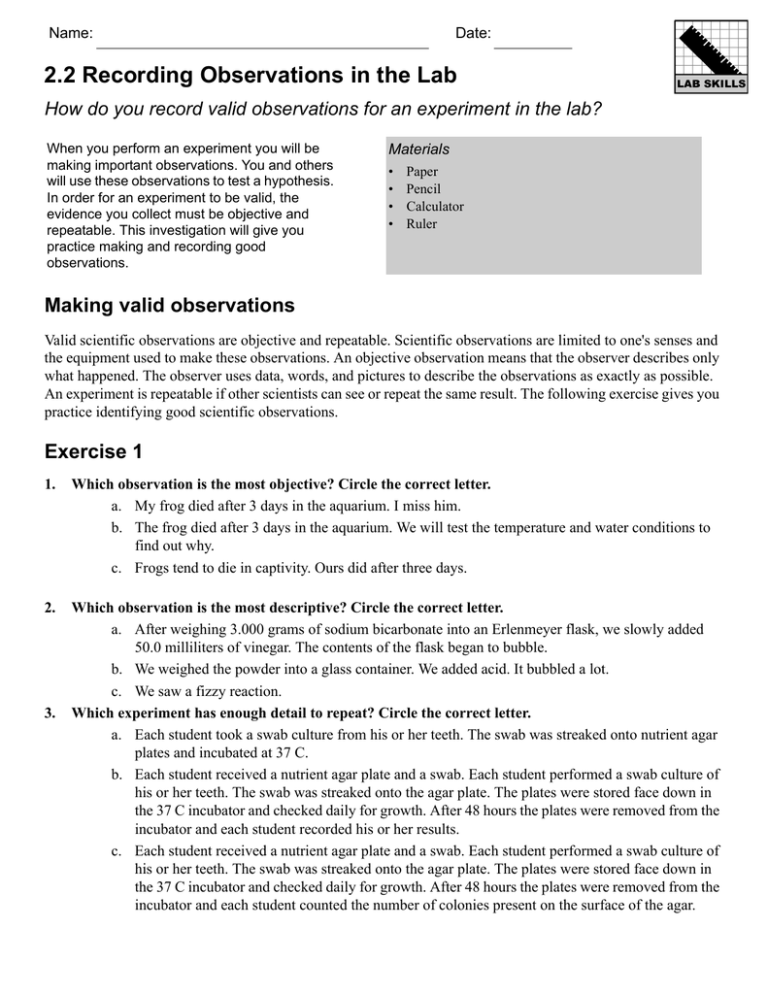 Recording Valid Lab Observations: Worksheet