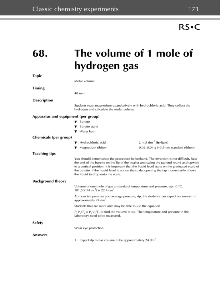 Molar Volume of Hydrogen Gas: Chemistry Experiment