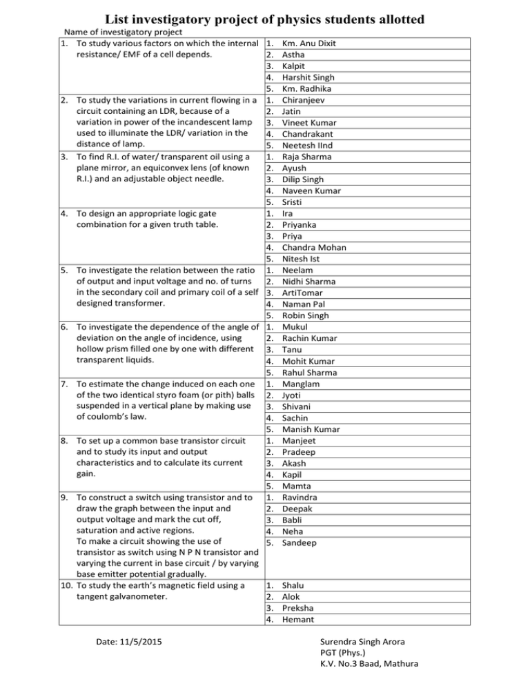 Physics Investigatory Projects List for High School