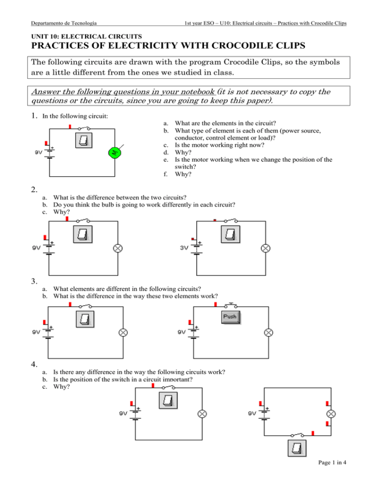 Electrical Circuits Worksheet: Crocodile Clips Practice