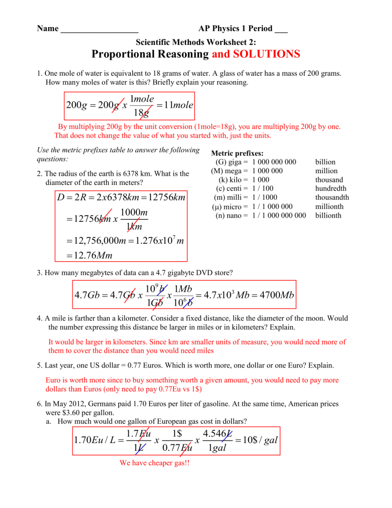 Physics Proportional Reasoning Worksheet with Solutions