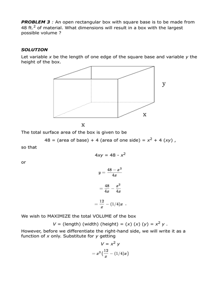 Optimization Problem: Box Volume Maximization