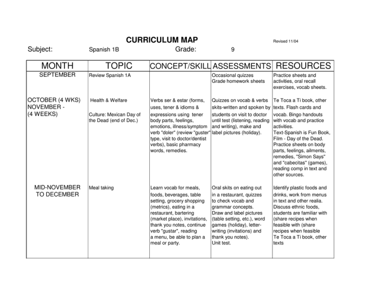 Spanish 1B Curriculum Map - Grade 9
