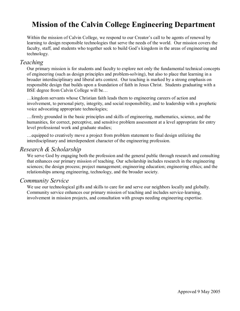 Mission Statement of Calvin College Engineering Department