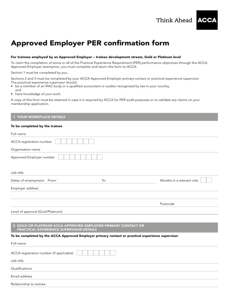 ACCA Approved Employer PER Confirmation Form