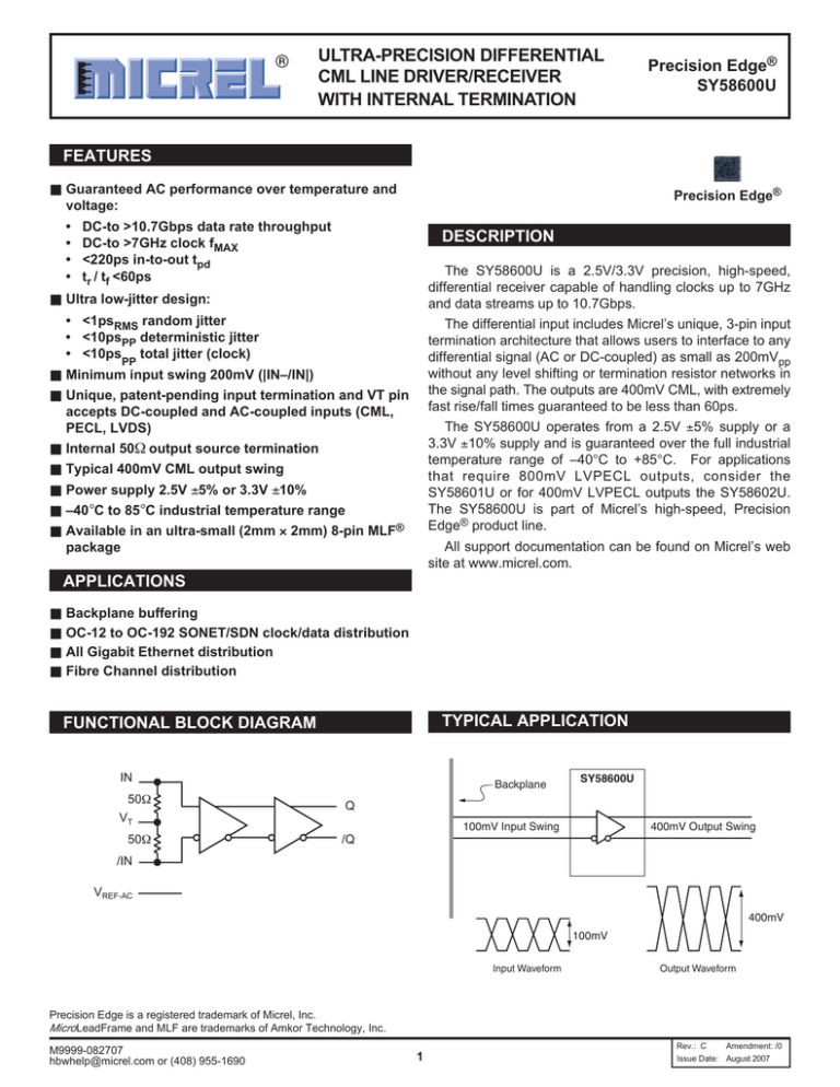 ULTRA-PRECISION DIFFERENTIAL CML LINE DRIVER/RECEIVER