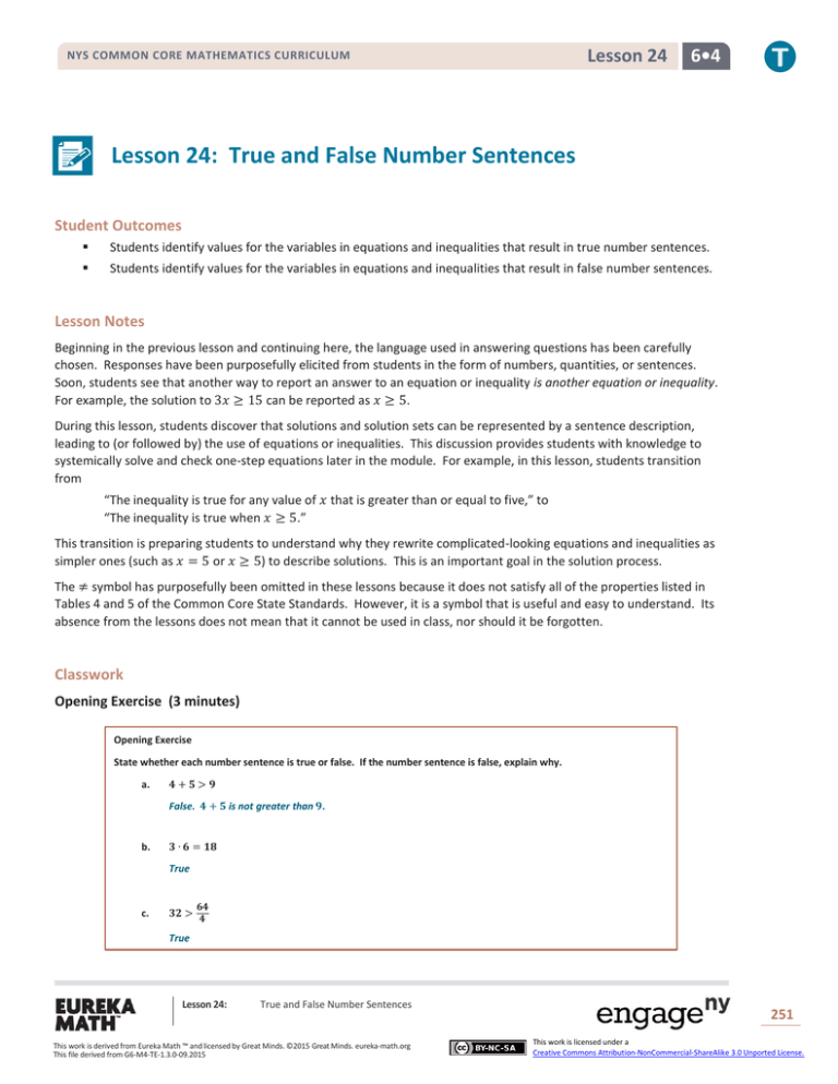 True/False Number Sentences: Lesson Plan for Middle School
