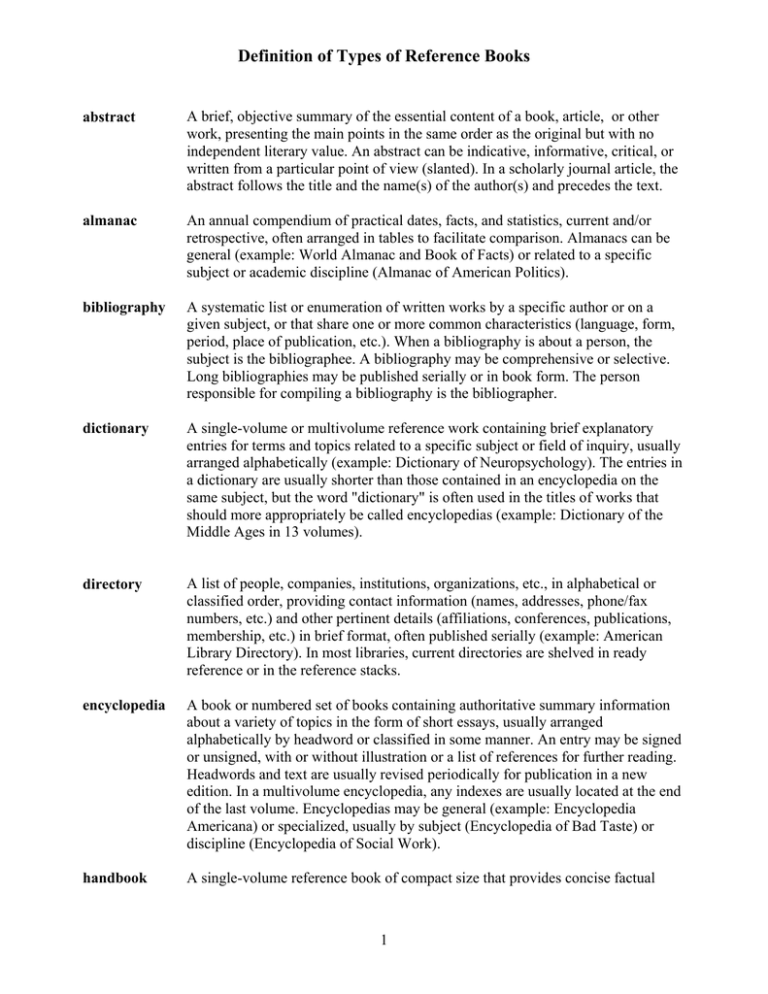 Definition of Types of Reference Books