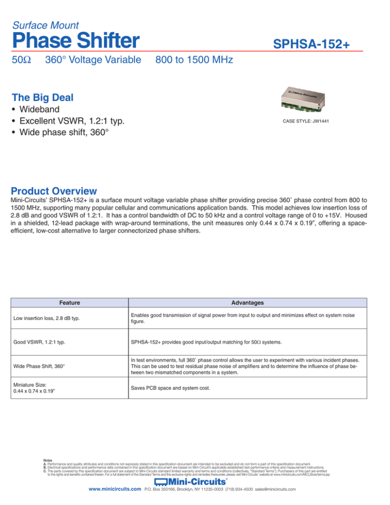 SPHSA-152+ Phase Shifter Datasheet | 800-1500 MHz