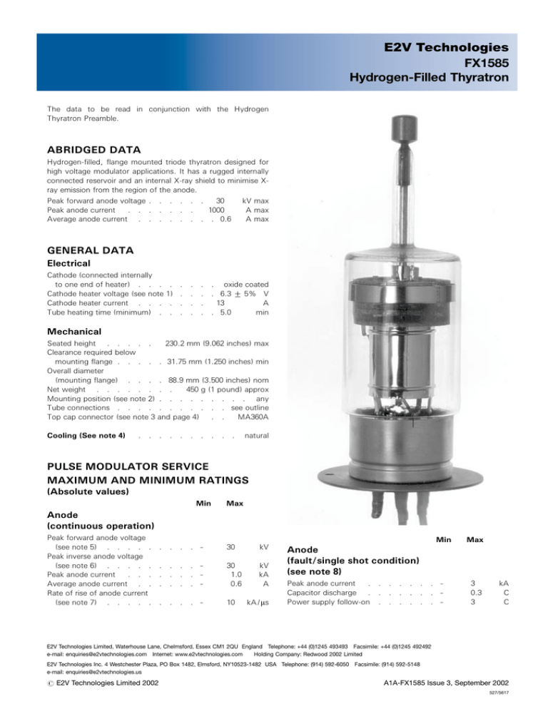 E2V Technologies FX1585 Hydrogen