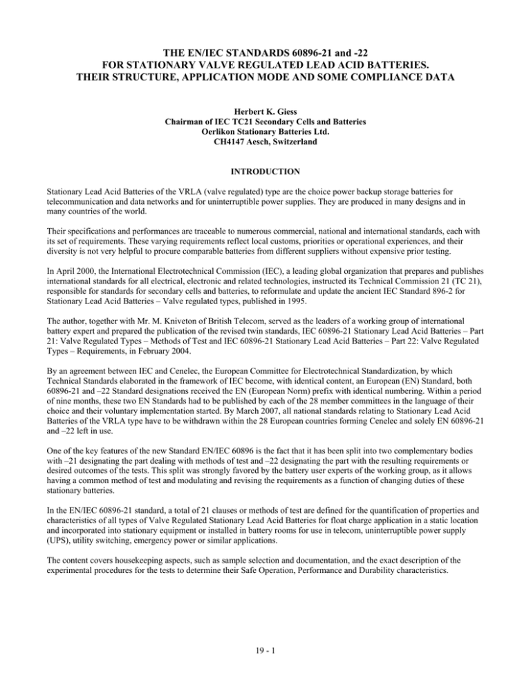 EN/IEC 60896 Standards for Stationary Lead-Acid Batteries