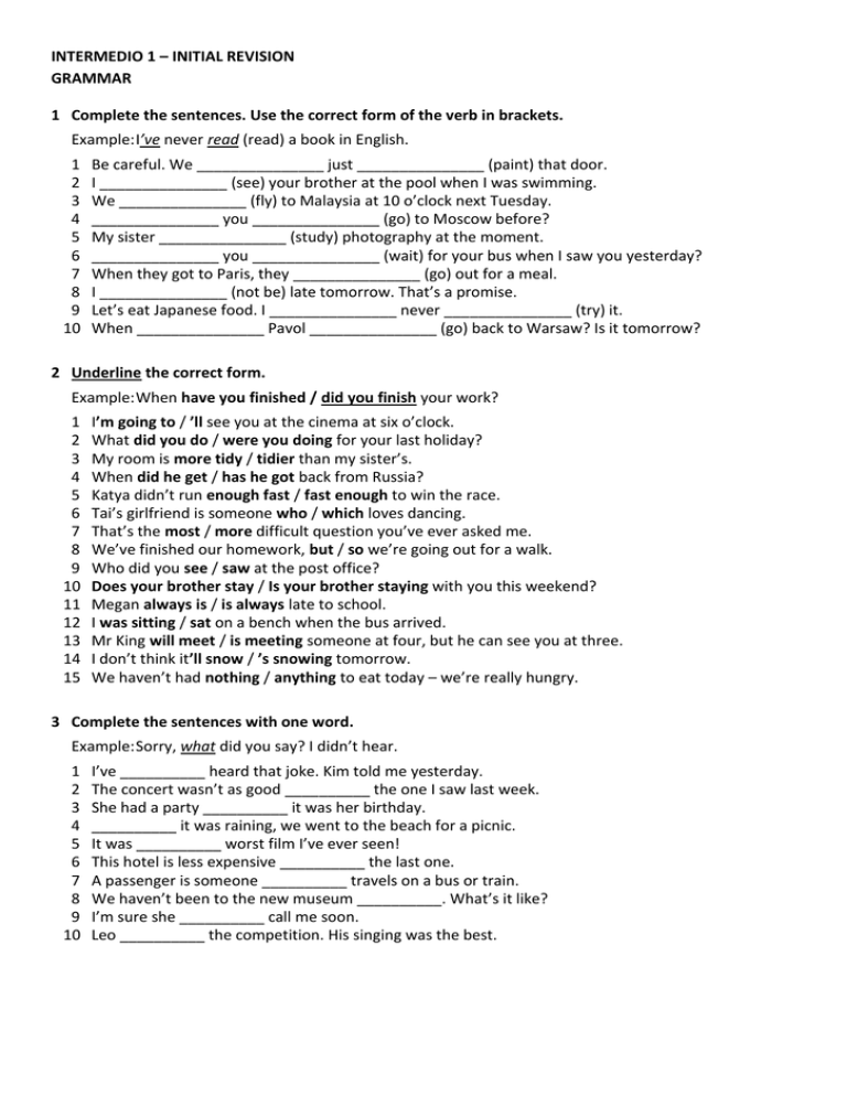 English Grammar & Vocabulary Worksheet - Intermediate Level