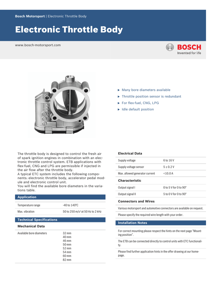 Bosch Motorsport Electronic Throttle Body Datasheet