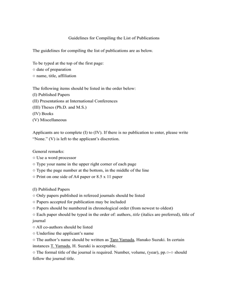 Publication List Guidelines