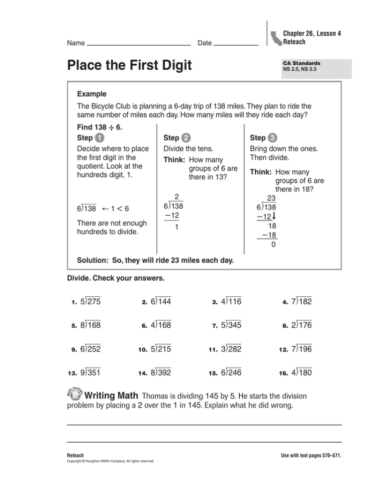 Division Practice: Place the First Digit Worksheet
