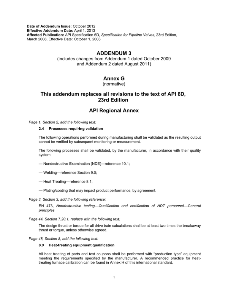 API 6D Addendum: Pipeline Valve Specification Updates