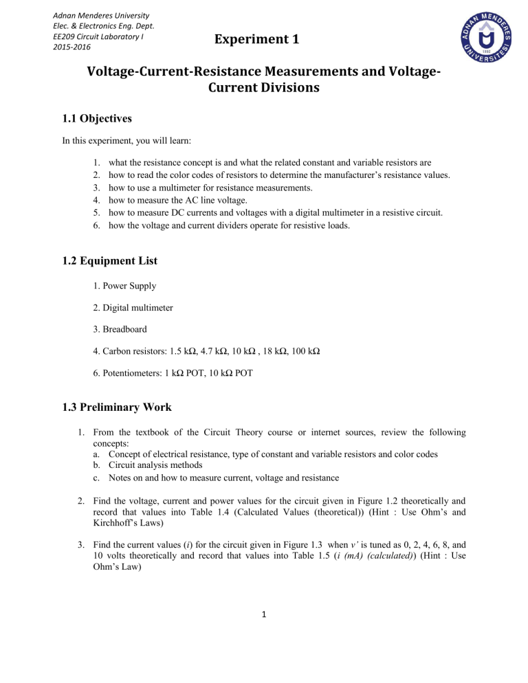 Experiment 1 Voltage-Current-Resistance Measurements and