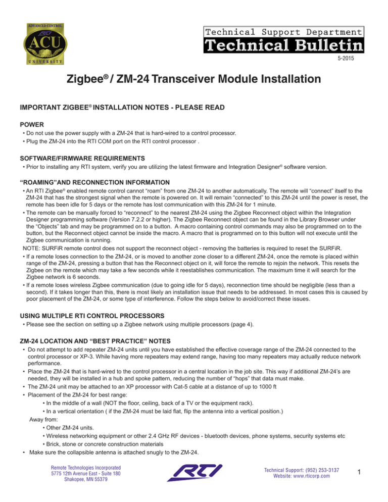 Zigbee/ZM-24 Transceiver Module Installation Guide