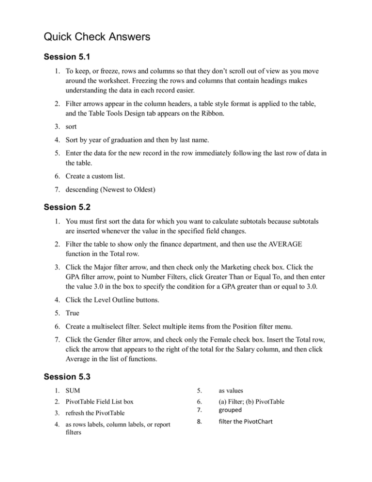 Spreadsheet Quick Check Answers