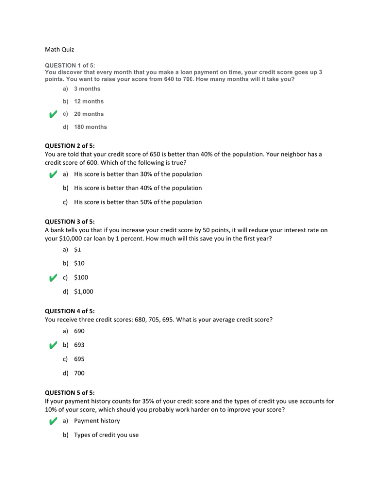 Credit Score Math & Reading Quiz
