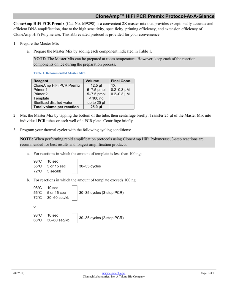 CloneAmp HiFi PCR Premix Protocol: PCR Amplification