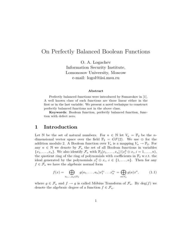 On Perfectly Balanced Boolean Functions