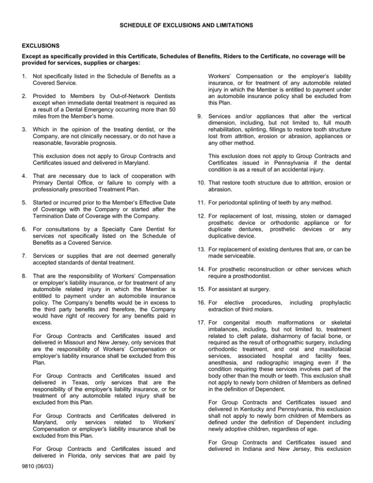 SCHEDULE OF EXCLUSIONS AND LIMITATIONS