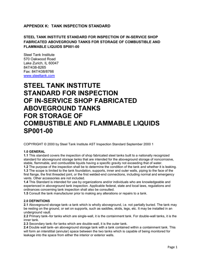 Tank Inspection Standard SP001-00: Aboveground Tanks