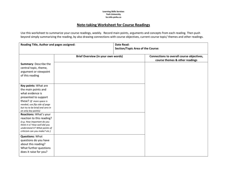 Course Reading Note-Taking Worksheet