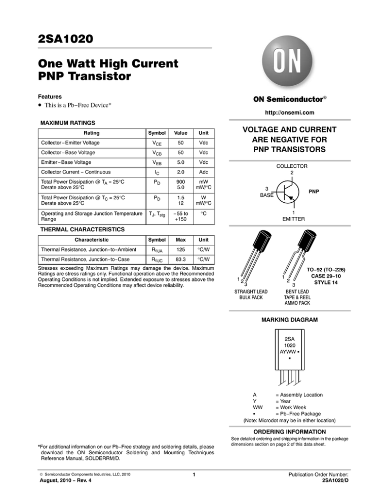 2SA1020 PNP Transistor Datasheet | ON Semiconductor