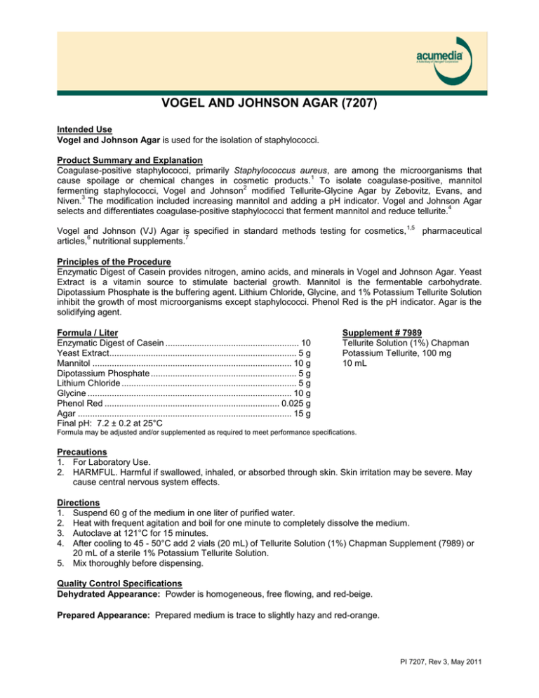 Vogel and Johnson Agar Product Information Page