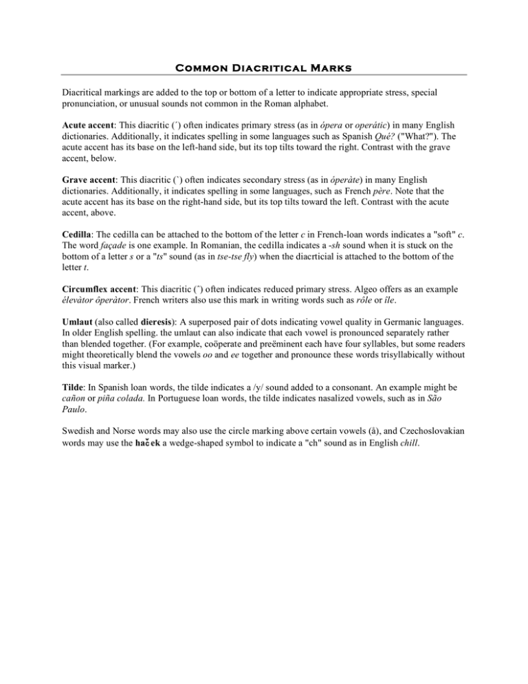 Common Diacritical Marks