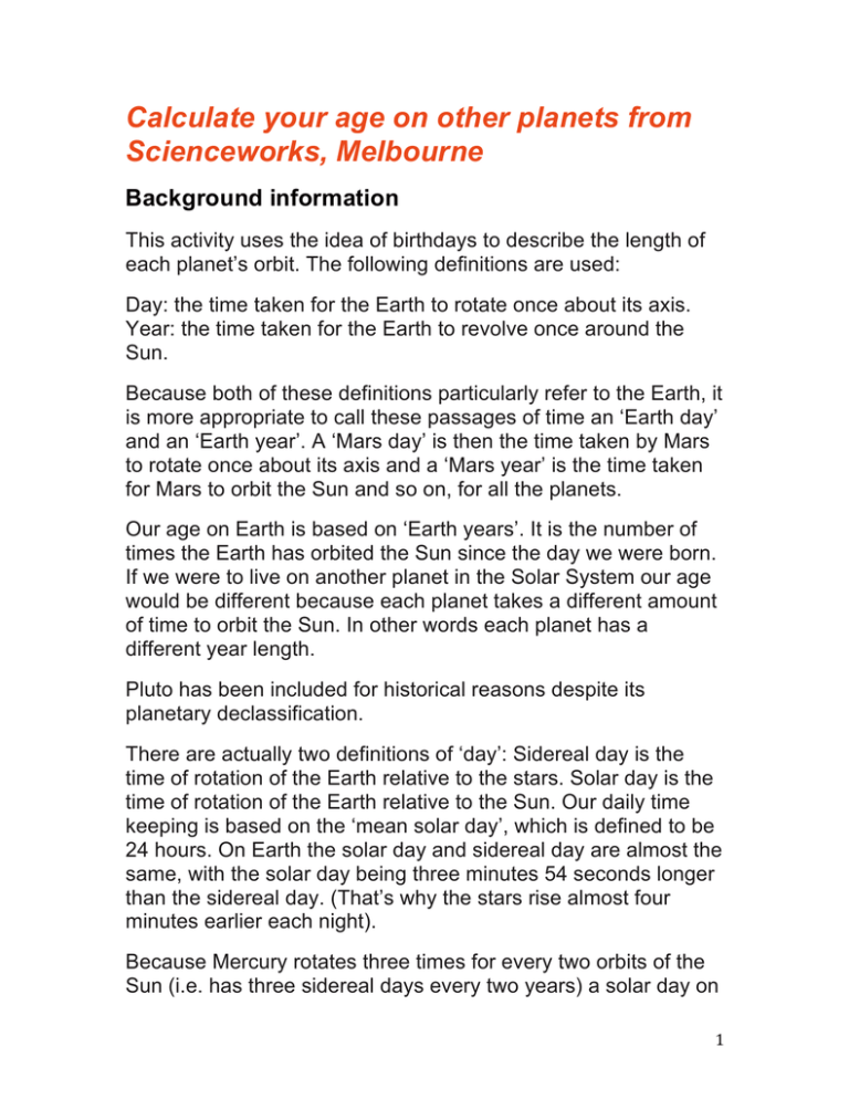 Calculate Your Age on Other Planets Worksheet