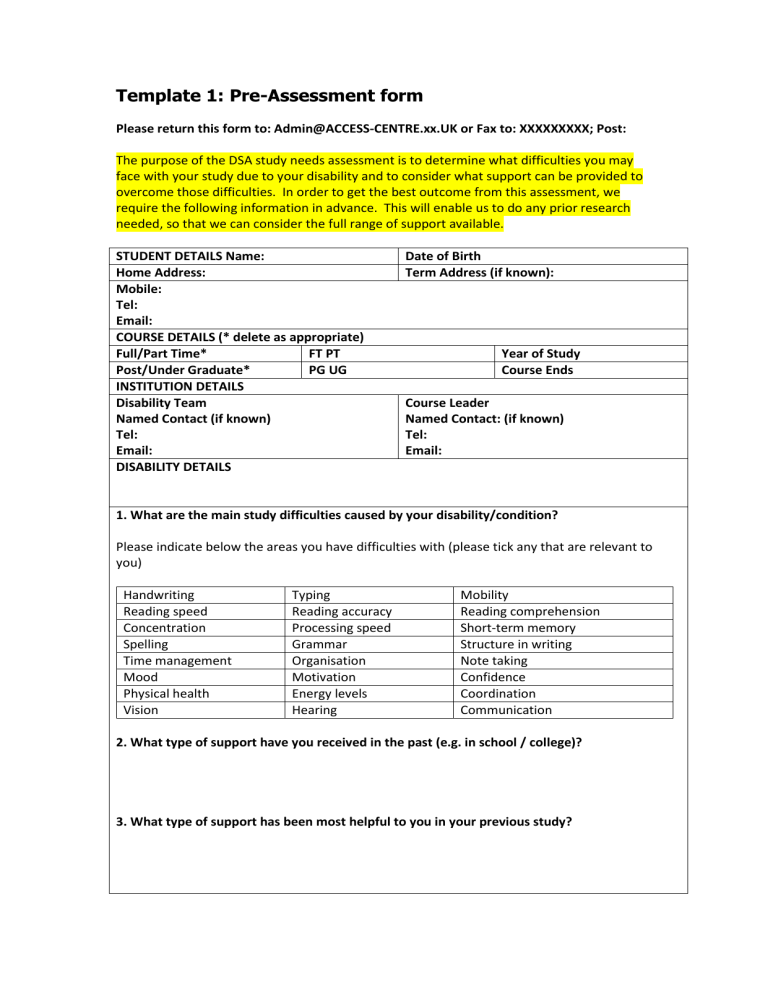 Template 1: Pre-Assessment form - DSA-QAG