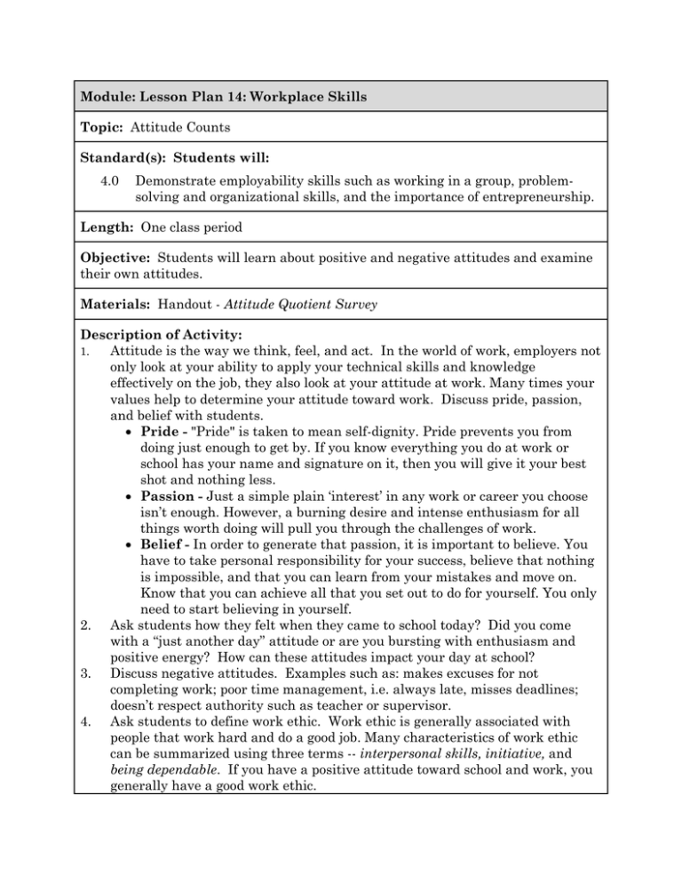 Workplace Skills: Attitude Counts Lesson Plan
