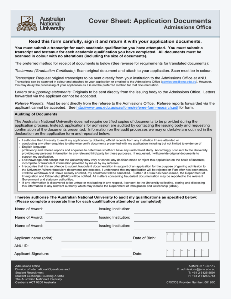 Documents to be submitted with Applications for Admission