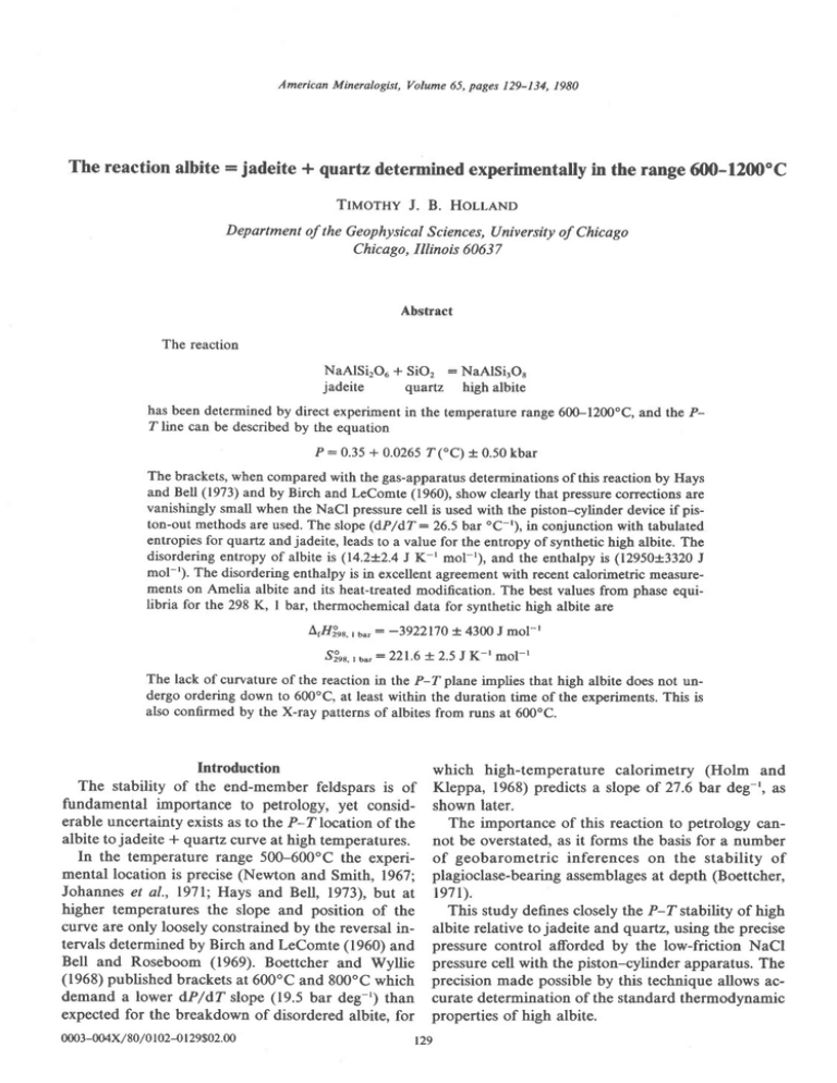 Albite = Jadeite + Quartz Reaction: Experimental Determination
