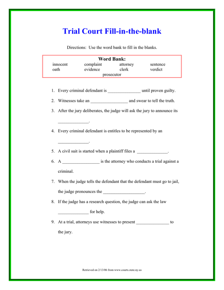 Trial Court Terminology Worksheet