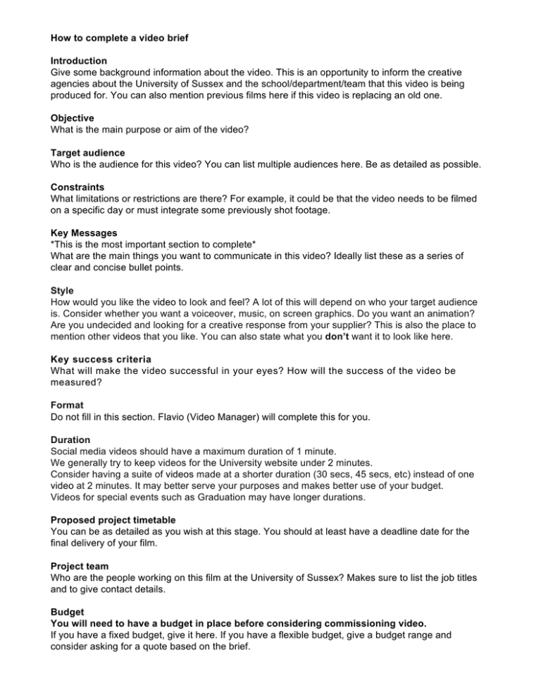How to Complete a Video Brief: University of Sussex Guide