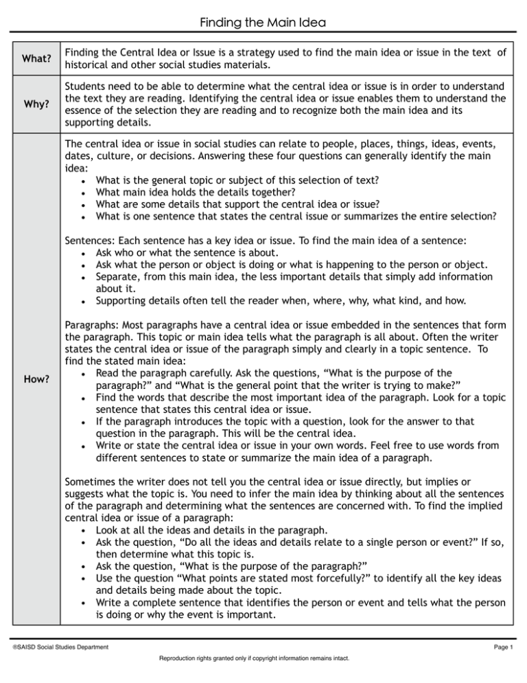 Finding the Main Idea: Social Studies Reading Comprehension