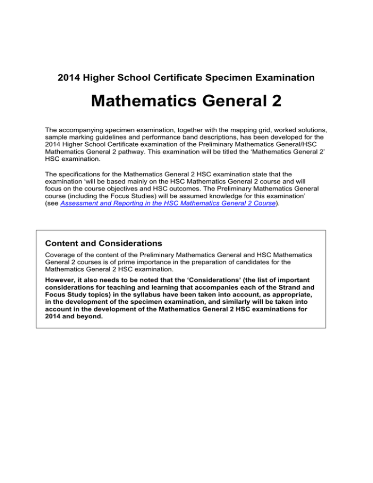 Mathematics General 2 HSC Specimen Exam 2014