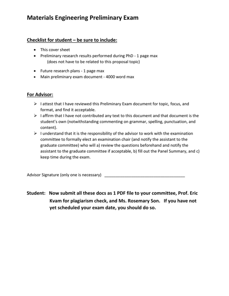 Materials Engineering Preliminary Exam Checklist