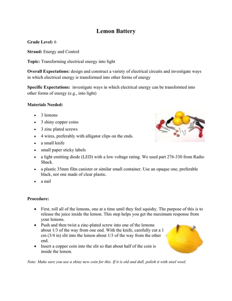 Lemon Battery Experiment: Electrical Energy & Light for Grade 6