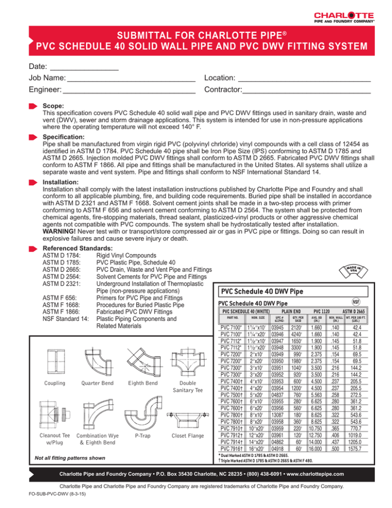 Charlotte Pipe PVC DWV Submittal Sheet