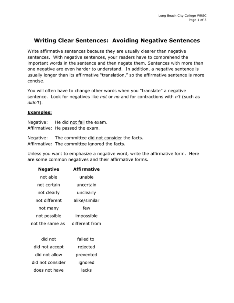 Writing Clear Sentences: Avoiding Negatives Worksheet